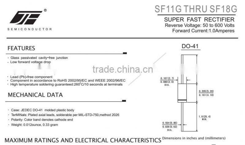 SF11G thru SF18G GPP chip DO-41 Package Super Fast Diode For Led Driver ...